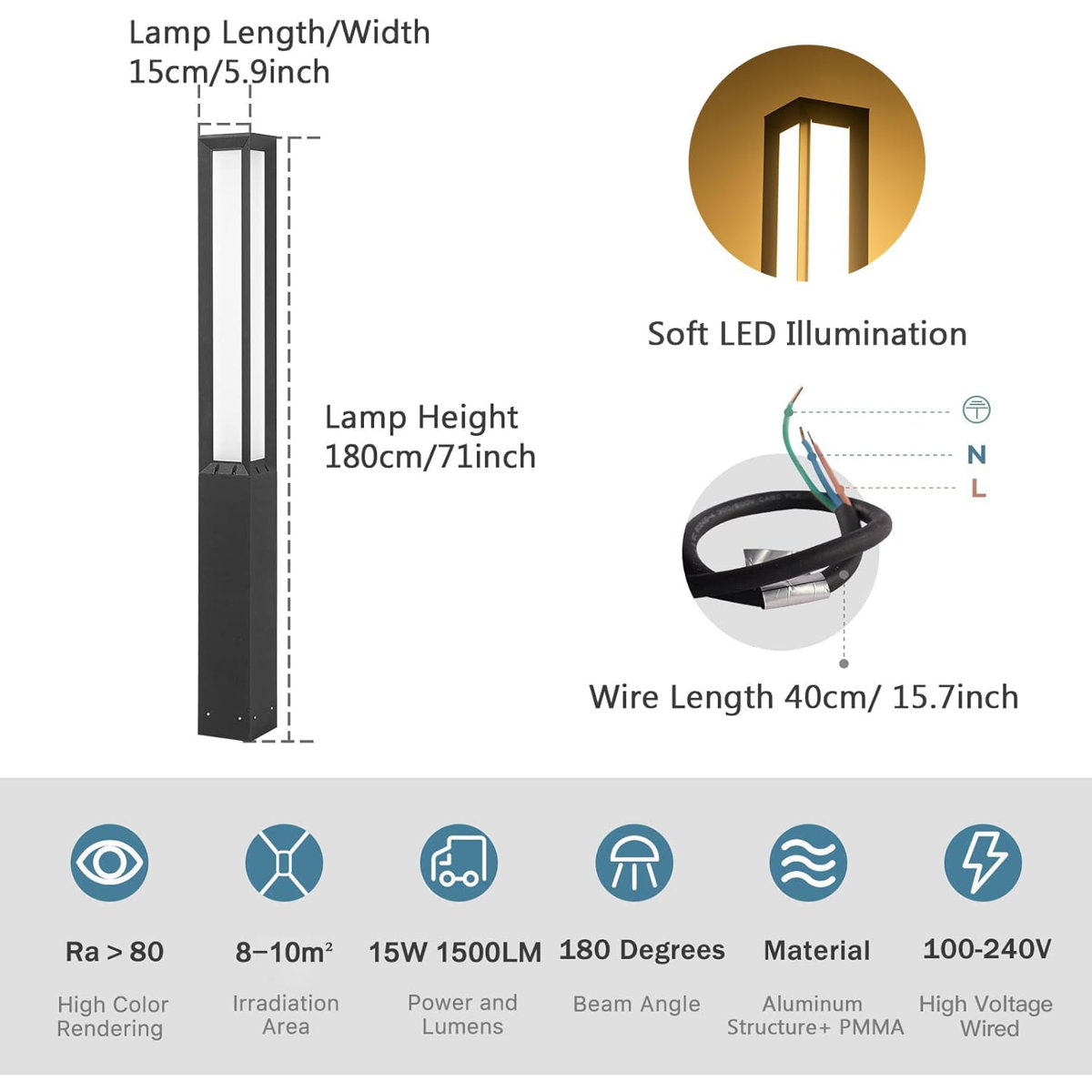 Co-t Modern Outdoor LED Landscape Bollard Lighting - IP54 Waterproof High-Voltage Wired Path ...